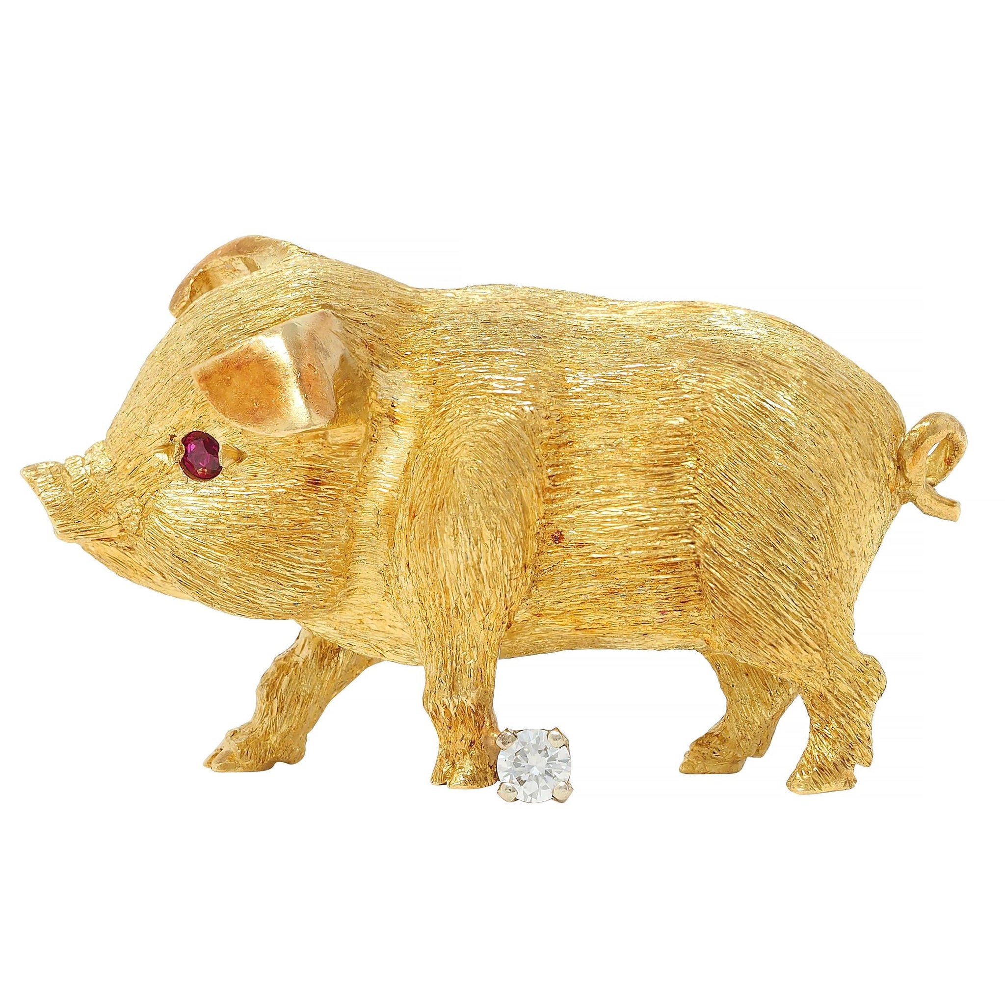 George Lederman 1960's Ruby Diamond 18 Karat Two-Tone Gold Vintage Pig