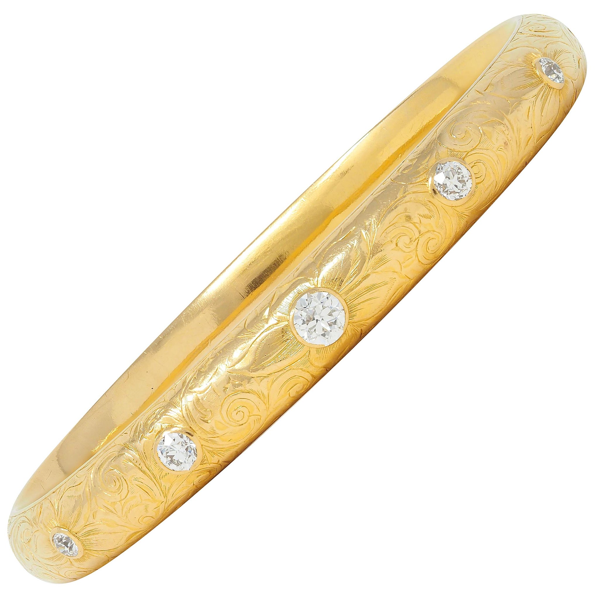Riker Brothers Art Nouveau Old European Diamond 18 Karat Yellow Gold A